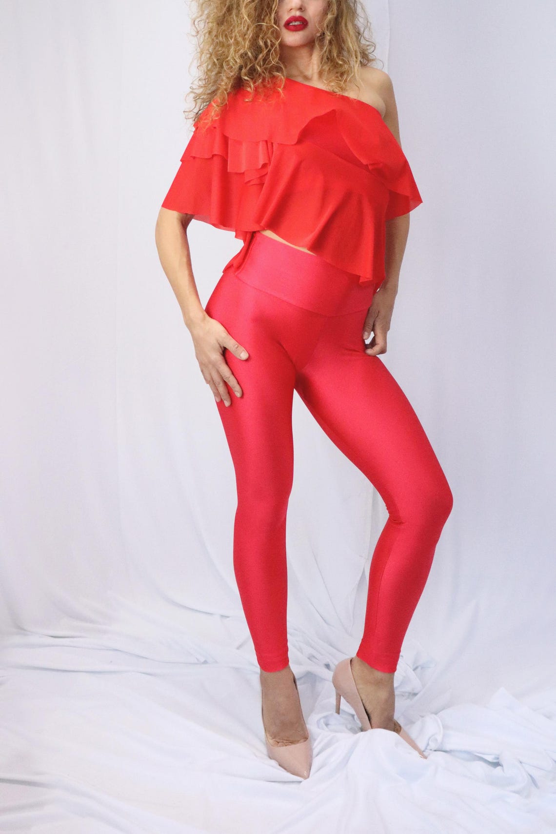 Crop Top One Shoulder and Legging / Dancewear / Salsa Dance / Red Color ...