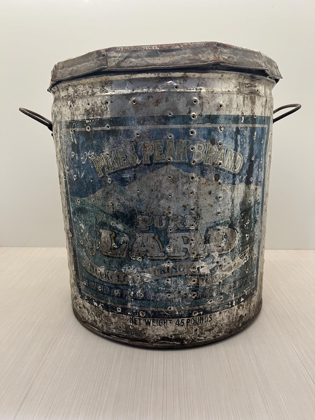 Vintage Pikes Peak Brand Lard Tin With Side Handles and Lid, 45 Pound ...
