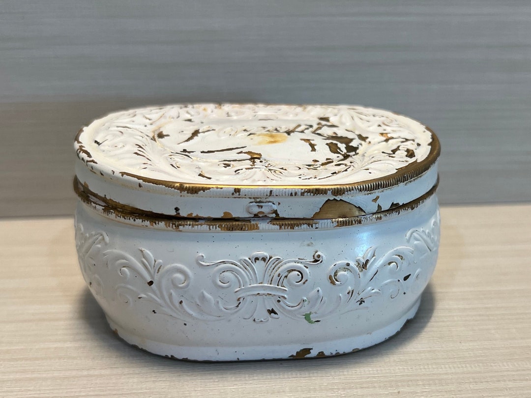 Antique Pozzoni Powder Box 1920s – White Embossed Copper Vanity Tin ...