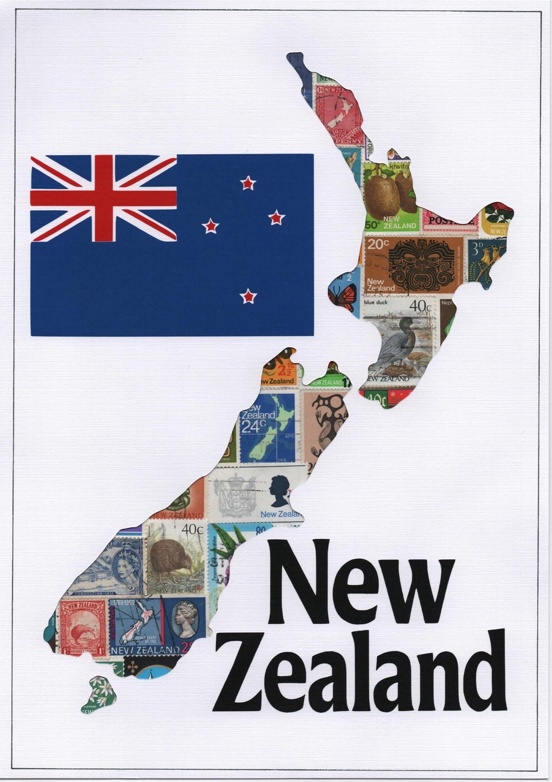 A4 New Zealand Map & Flag Art | Original Handmade Collage With Vintage ...