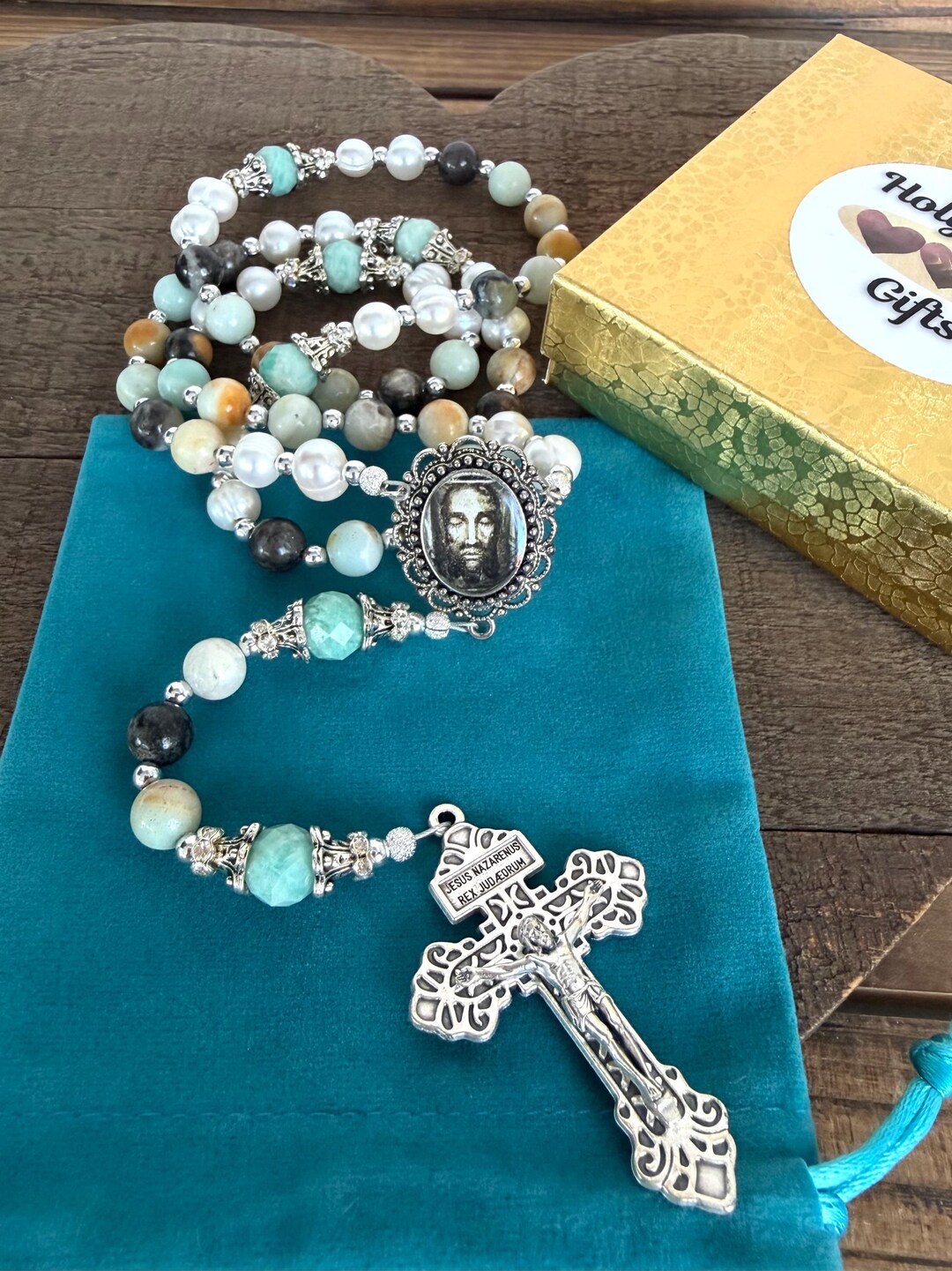 Holy Face Rosary & Chaplet Combo: Genuine Black Gold Amazonite W ...