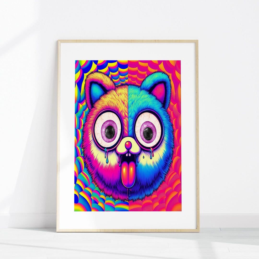 Weirdcore Psychedelic Animal Wall Art,vibrant Split,face Design With ...