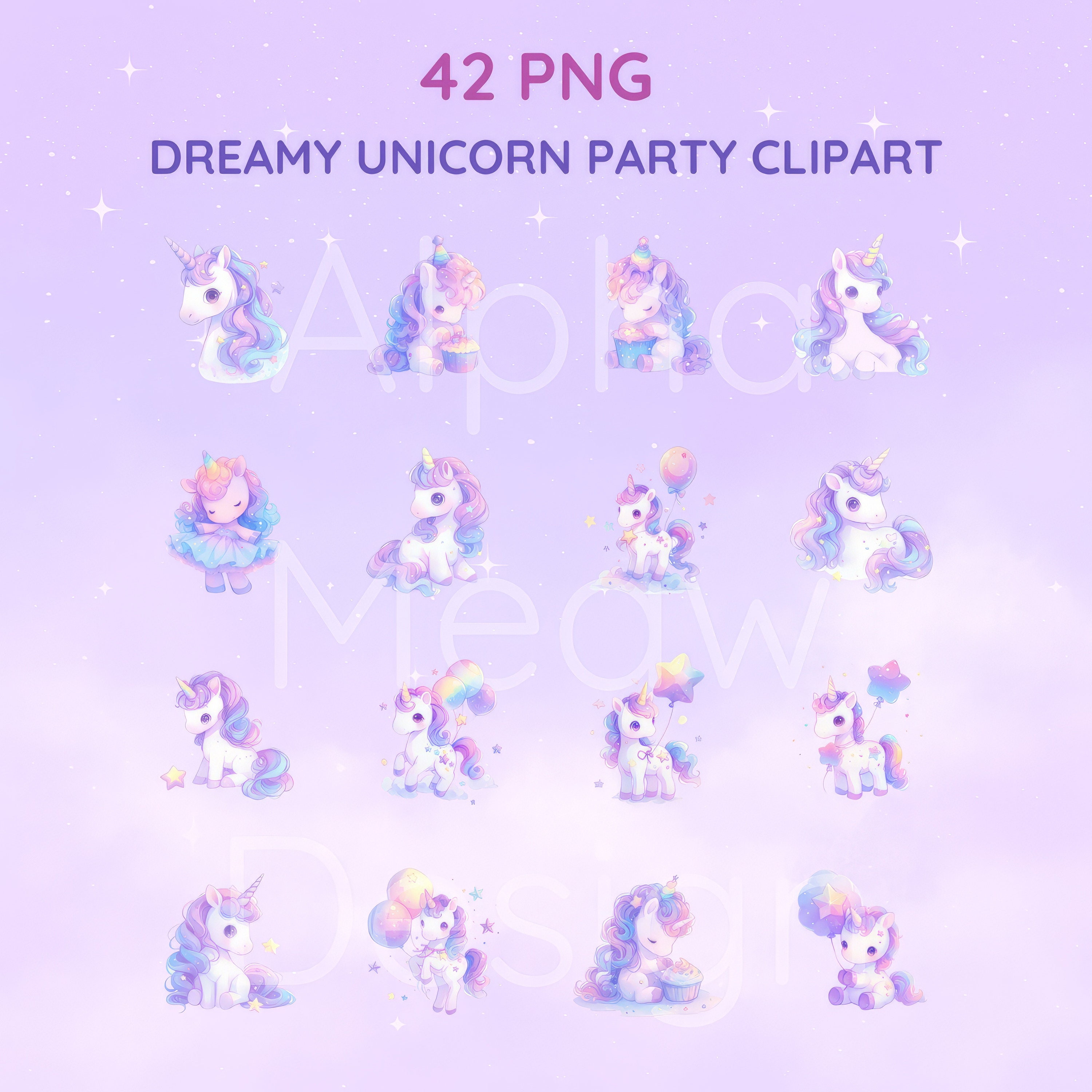 Dreamy Unicorn Party Clipart Set 42 PNG & 300 DPI Personal and ...