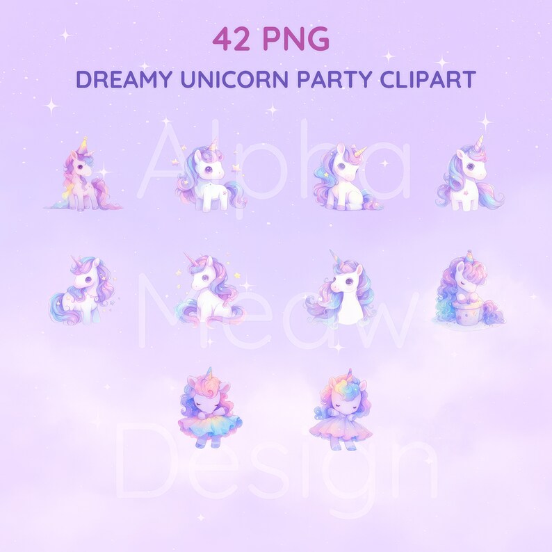 Dreamy Unicorn Party Clipart Set 42 PNG & 300 DPI Personal and ...