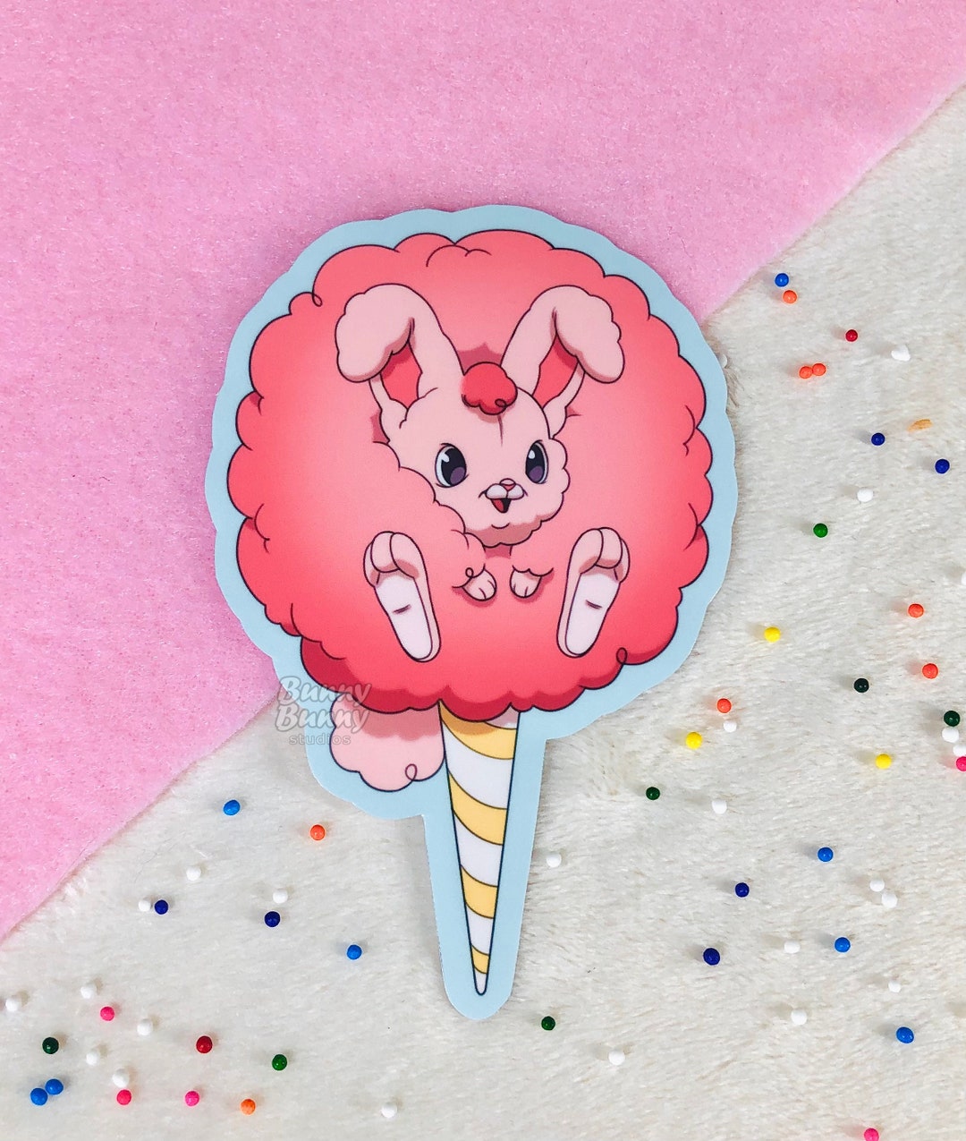 Pink Cotton Candy Bunny Sticker / Cute Cartoon Angora Rabbit Sticker ...