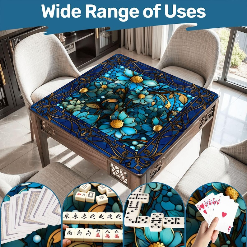 Blue Floral Mahjong Mat With Carry Bag - Art Nouveau Non Slip Mah Jong ...