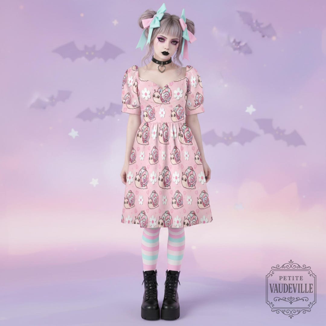 Pastel Kawaii Snail Dress - Puff Sleeve Sweetheart Neckline Dress ...