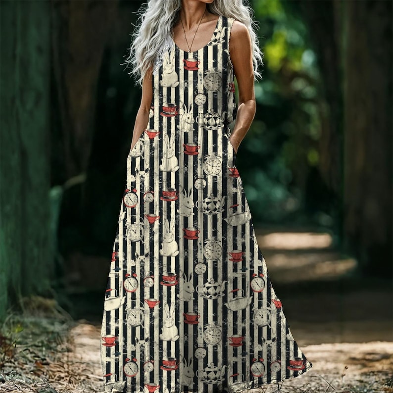 Gothic Alice Tea Party Maxi Dress, Rabbit Clock Print - Etsy