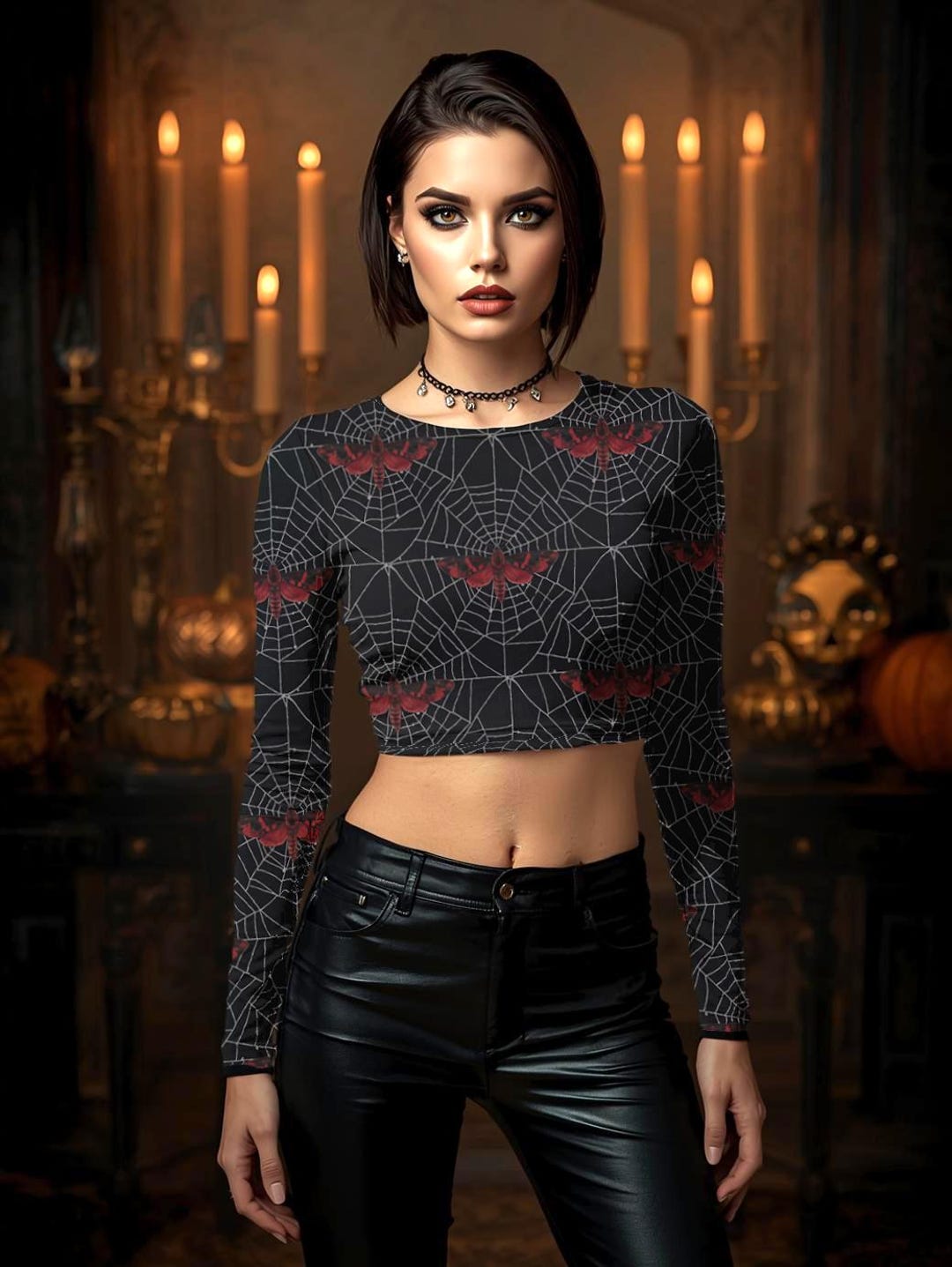 Gothic Hawk Moth Spiderweb Crop Top, Long Sleeve Goth Activewear - Etsy