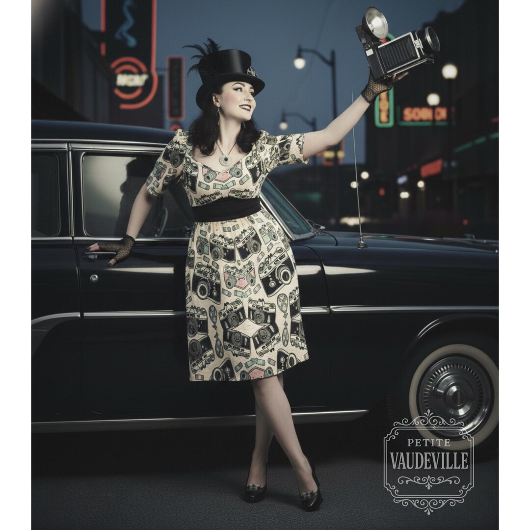 Retro Puff Sleeve Dress - Y2K 90s Girlcore Clothes - Camera Print Dress ...