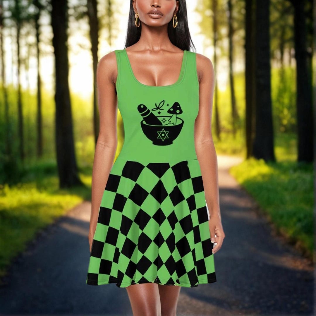 Checkerboard Skater Dress, Gothic Dress, Green Checkered Cauldron Mini ...