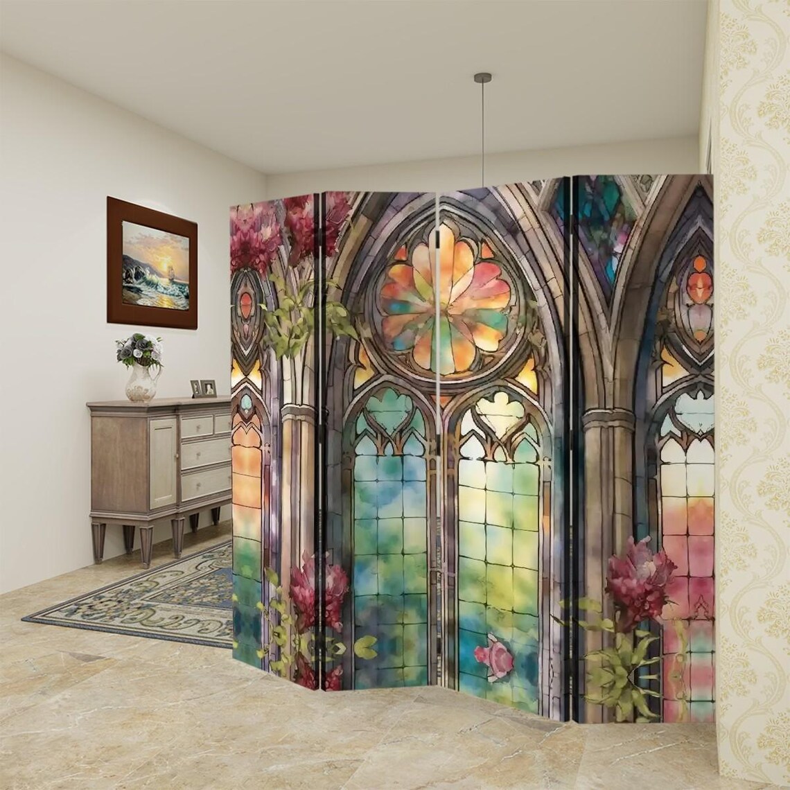 Stained Glass Room Divider: Gothic Floral Watercolor Folding Screen - Etsy