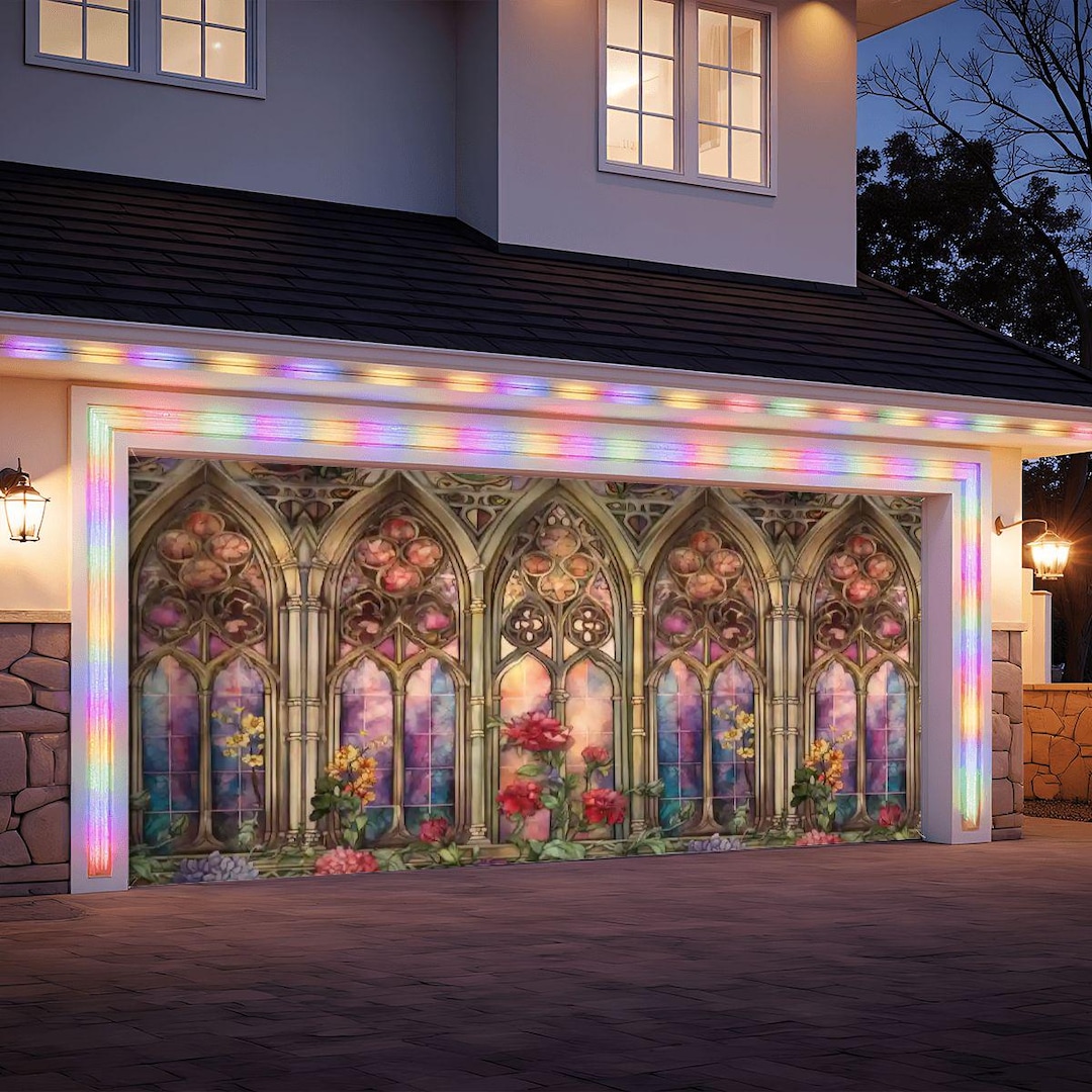 Gothic Cathedral Garage Door Banner: Floral Stained Glass Mural - Etsy
