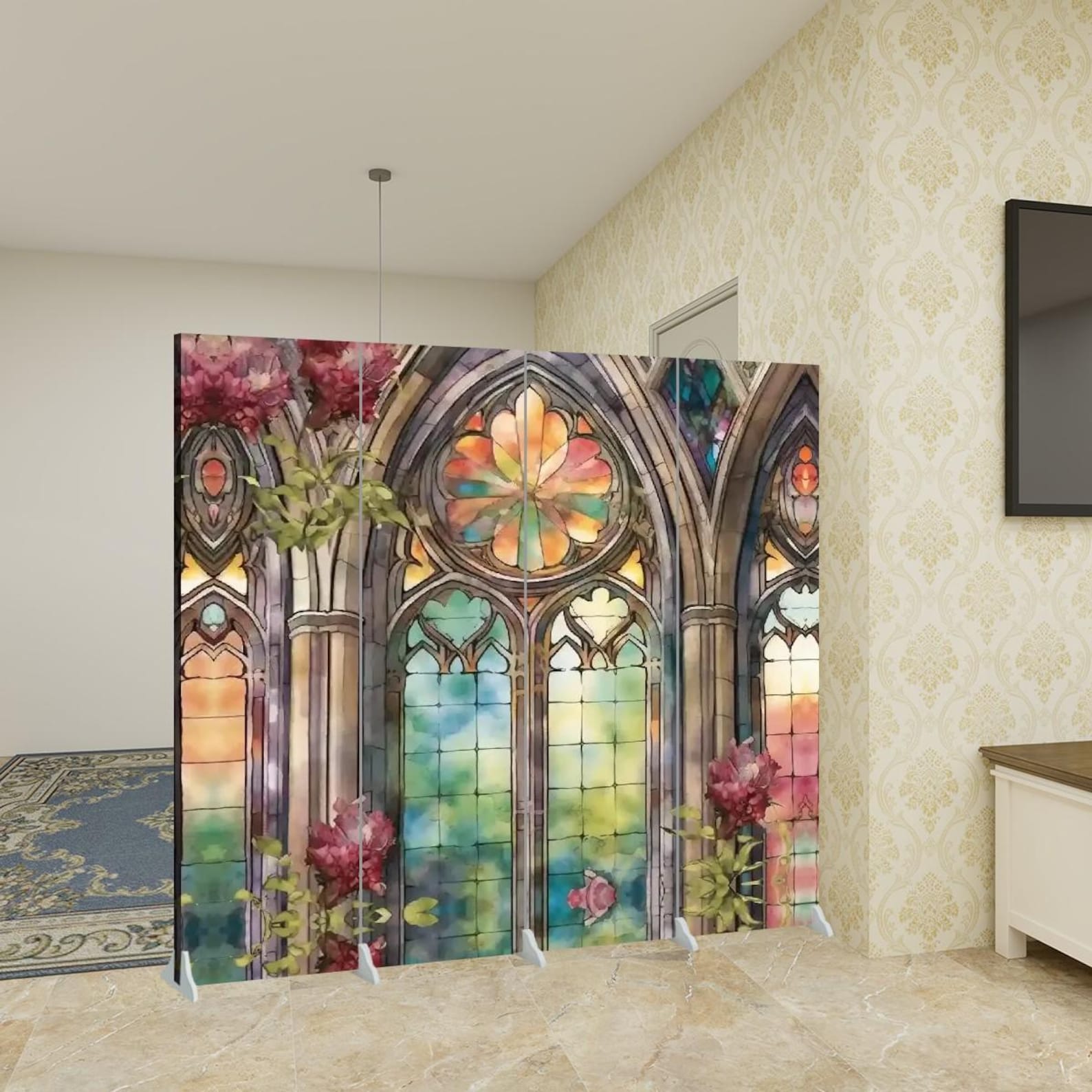 Stained Glass Room Divider: Gothic Floral Watercolor Folding Screen - Etsy