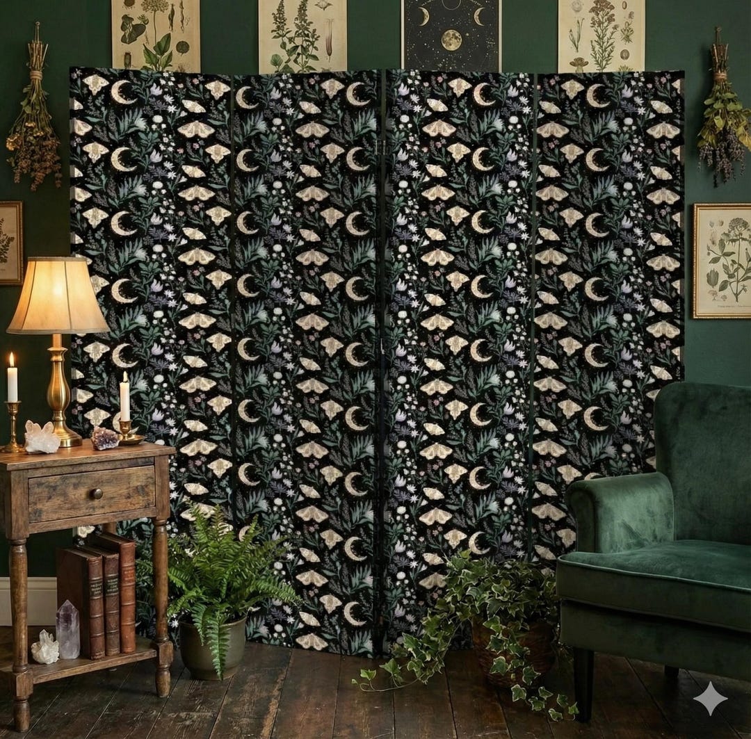 Witchy Moth Room Divider Folding Screen 4 Panel Celestial Botanical ...