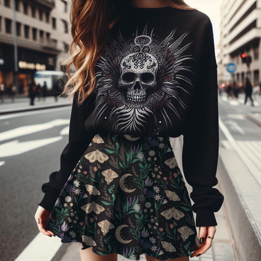 Witchy Moth Skirt Moon Skater Skirt Celestial Floral High Waist Skirt ...