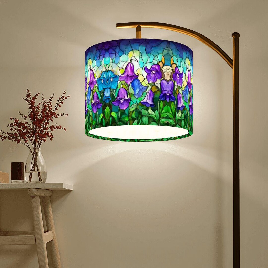 Bellflower Stained Glass Style Floor Lamp - Art Nouveau Floral Linen ...