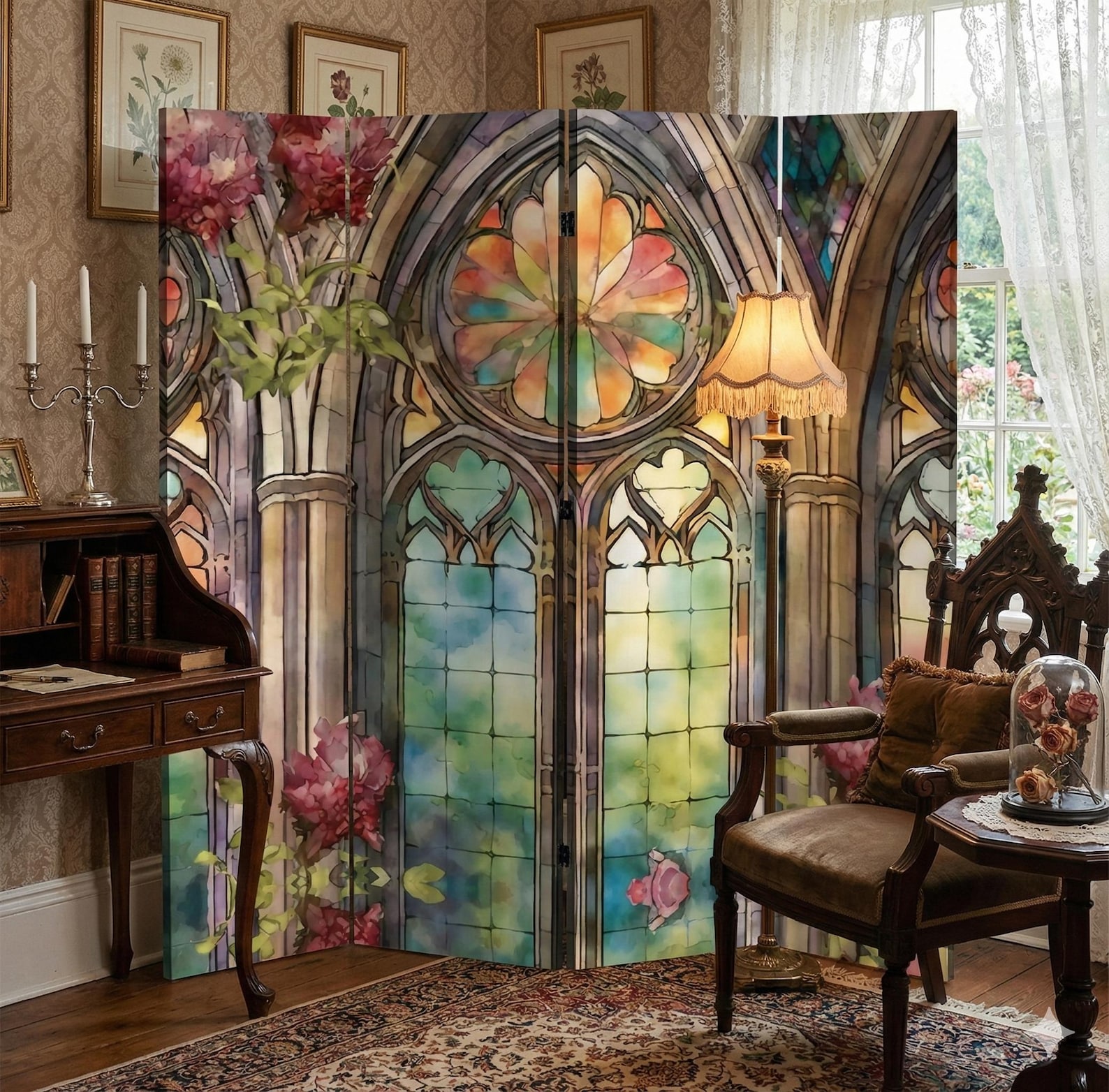 Stained Glass Room Divider: Gothic Floral Watercolor Folding Screen - Etsy