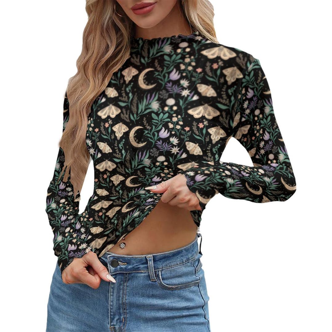 Witchy Moth Mesh T-shirt Gothic Moon Mesh Top Witchy Long Sleeve Sheer ...