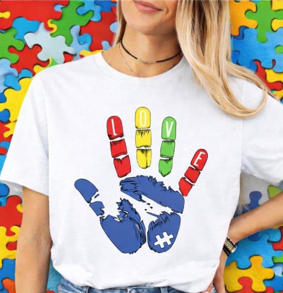 Autism Love Handprint Shirt, Puzzle Piece Hand Design Tee, Colorful ...