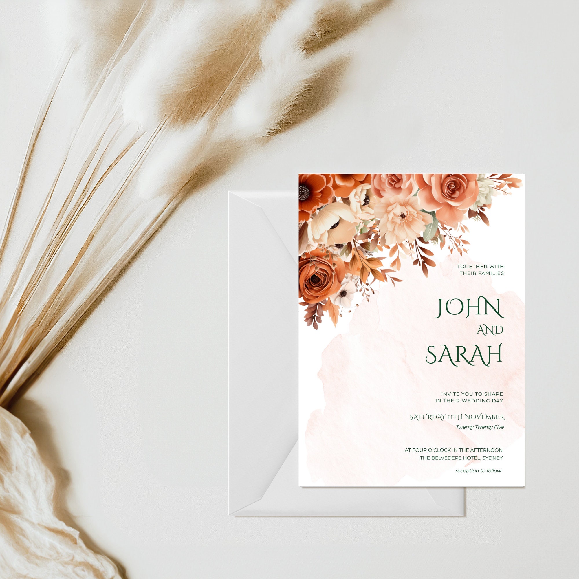 Terracotta and Sage Wedding Invitations, Rust Orange Roses, Apricot ...