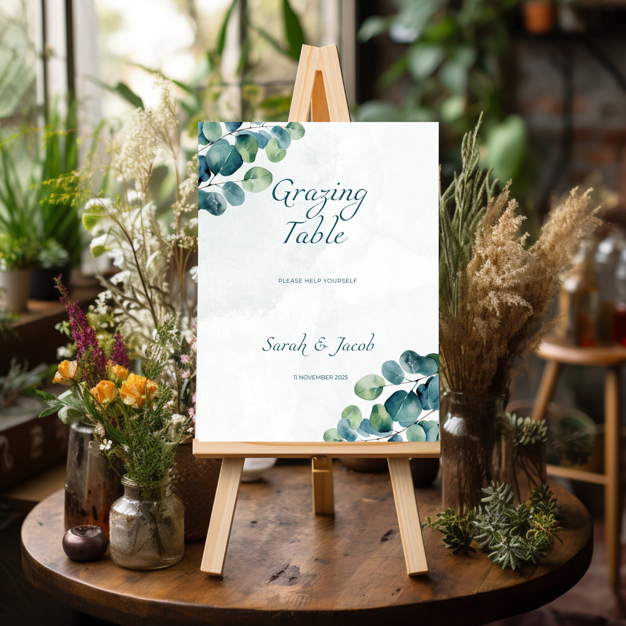 Grazing Table Template, Greenery Food Buffet Sign, Eucalyptus Reception ...