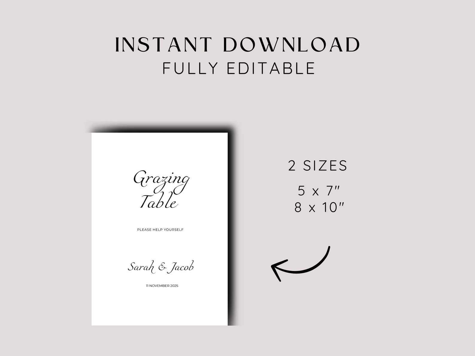 Grazing Table Template, Wedding Food Sign, Elegant Minimal Reception ...