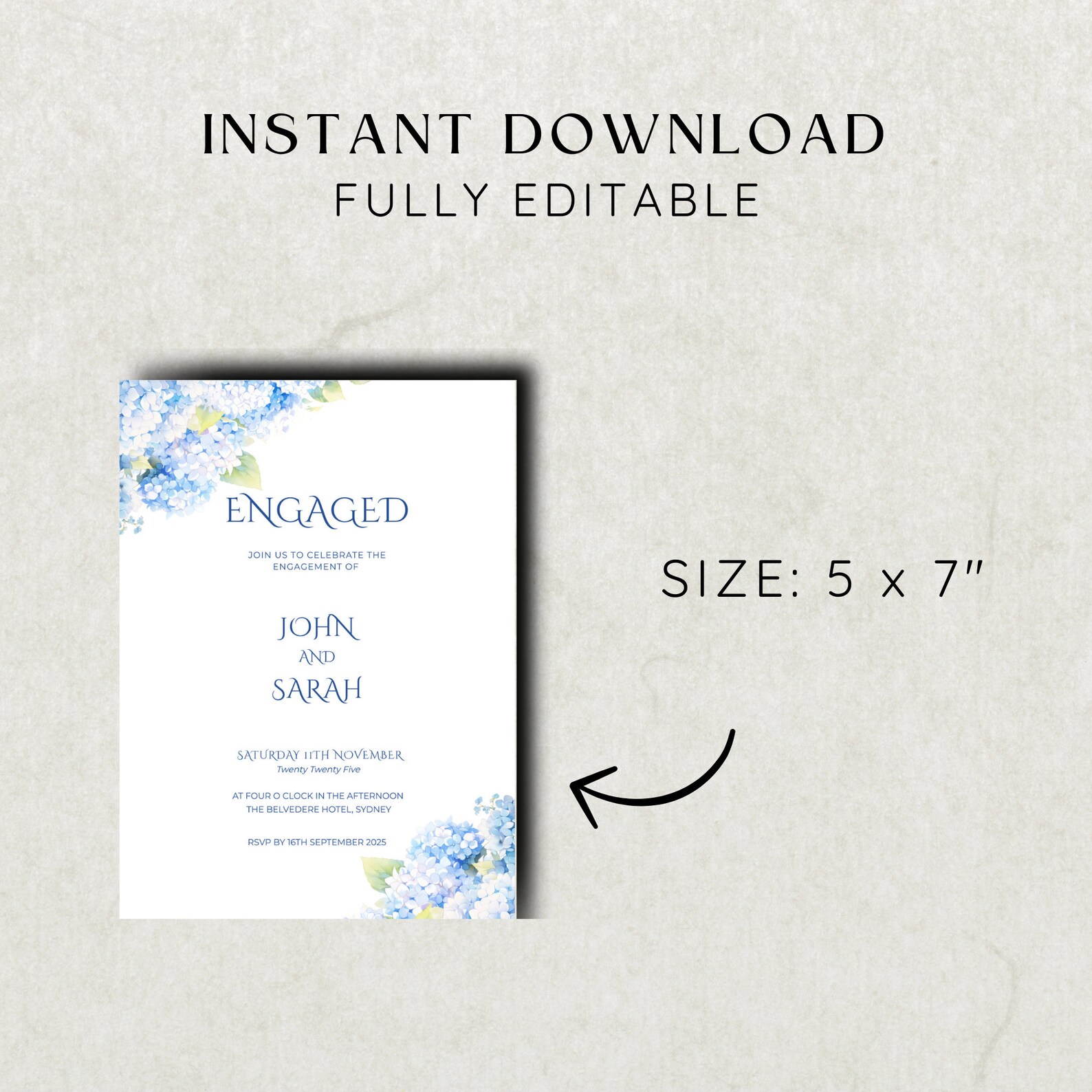 Engagement Invitation Template Blue Flowers, Hydrangea Theme Wedding ...