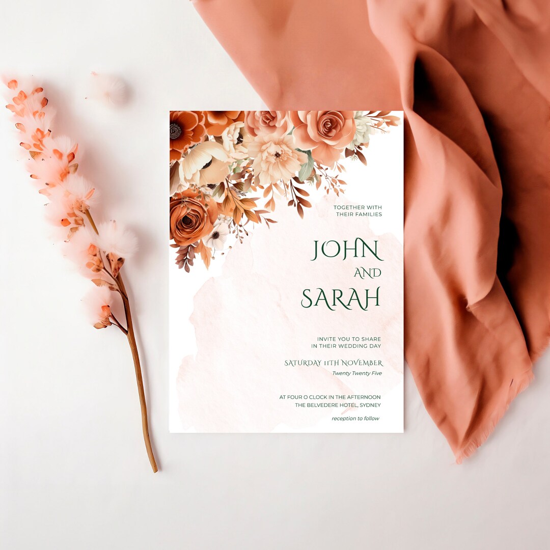 Terracotta and Sage Wedding Invitations, Rust Orange Roses, Apricot ...