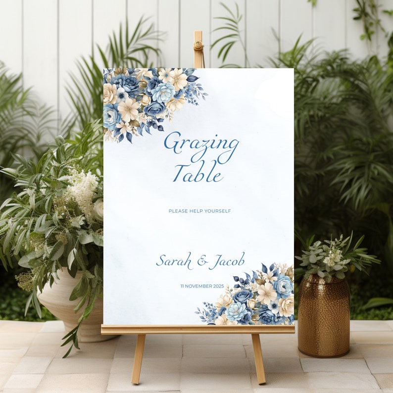 Grazing Table Template, Dusty Blue Food Buffet Sign, Navy Blue Floral ...
