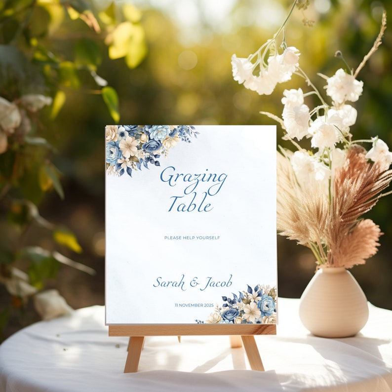 Grazing Table Template, Dusty Blue Food Buffet Sign, Navy Blue Floral ...