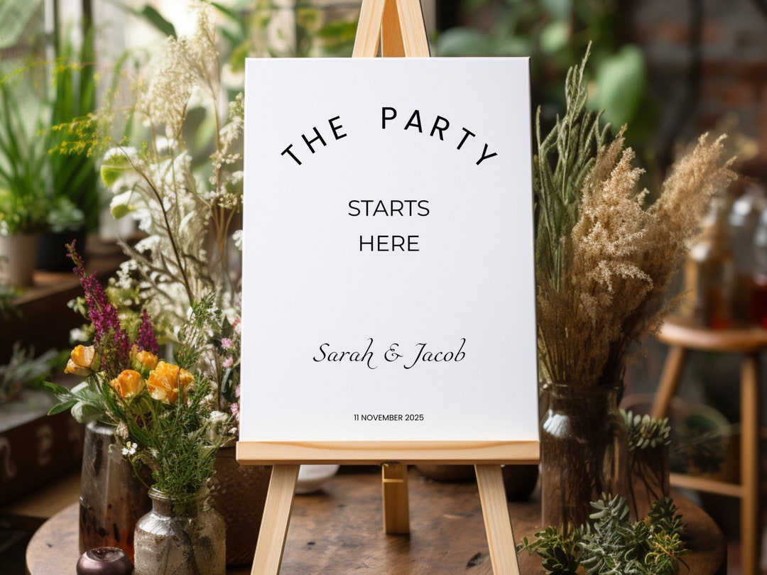 The Party Starts Here Welcome Sign, Modern Minimal Reception Signage ...
