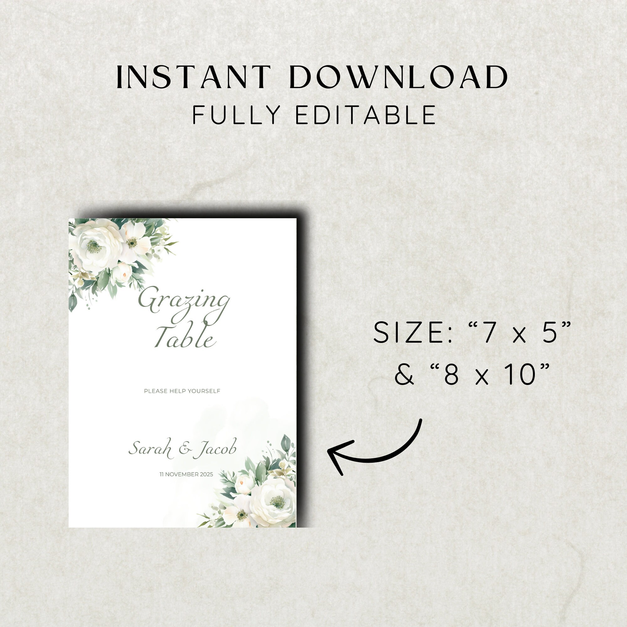 Grazing Table Template, Sage Green Food Buffet Sign, Cream Floral ...