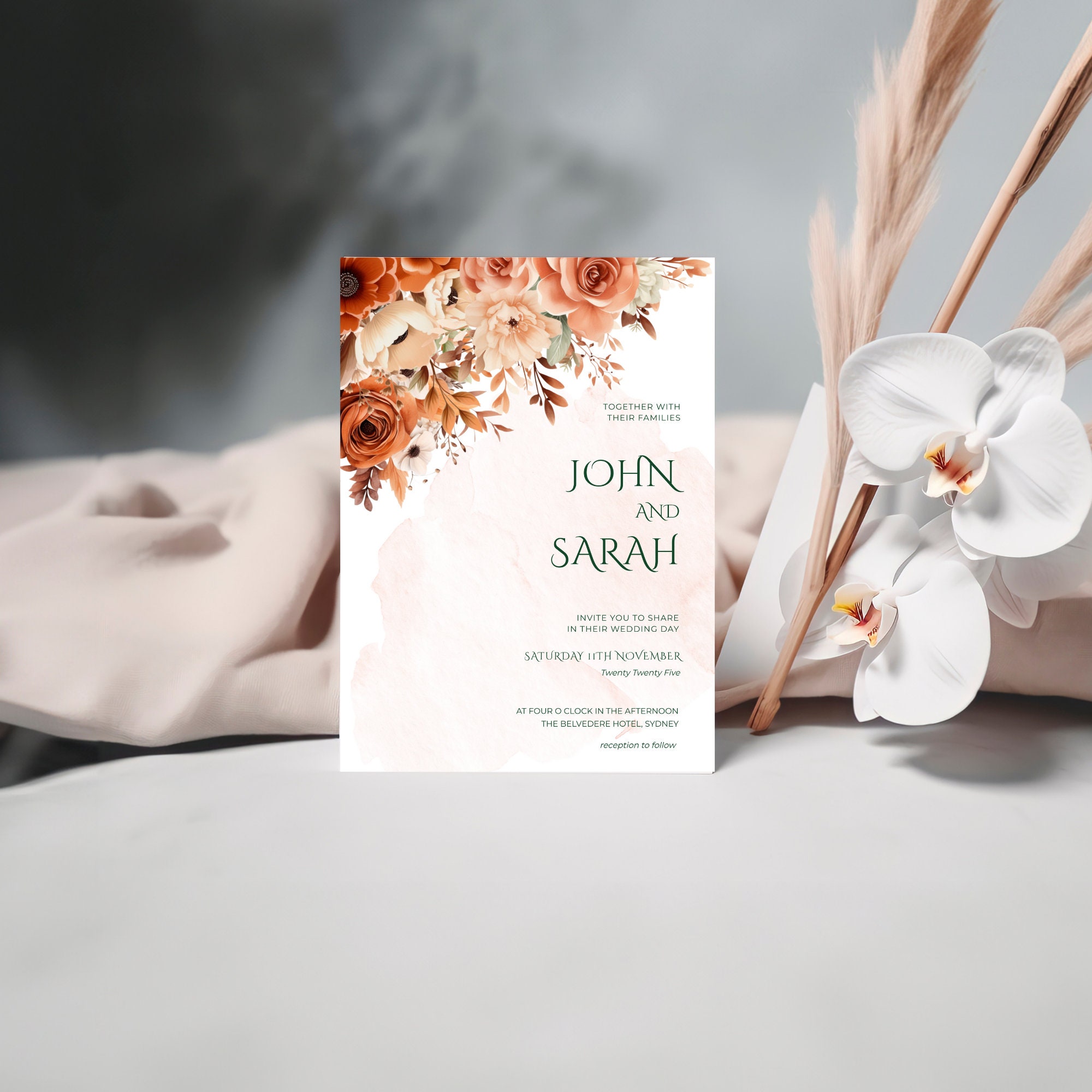 Terracotta and Sage Wedding Invitations, Rust Orange Roses, Apricot ...