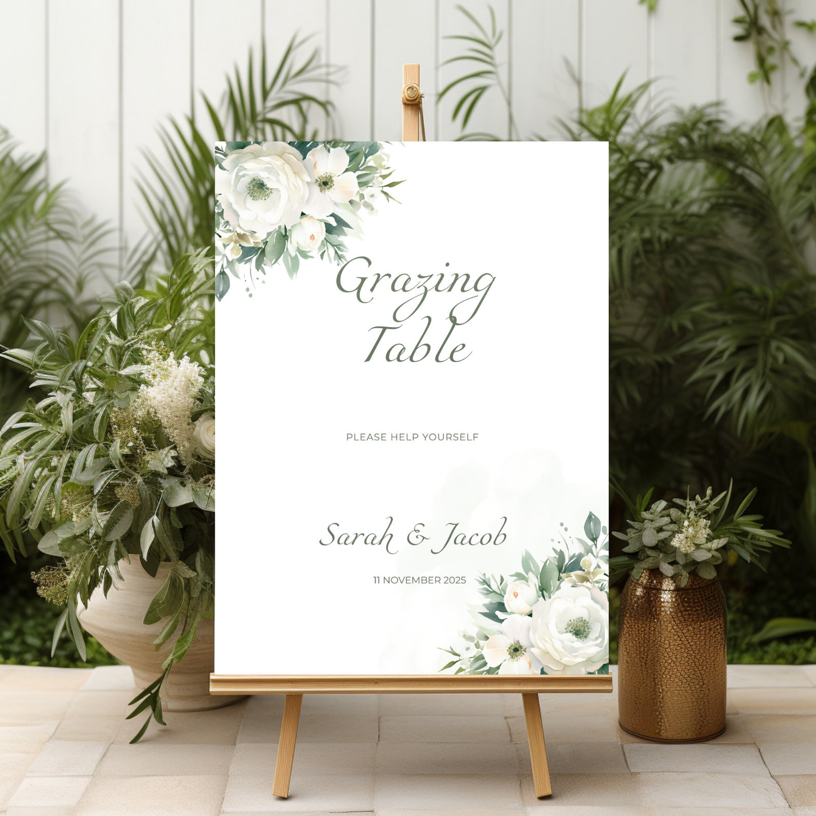 Grazing Table Template, Sage Green Food Buffet Sign, Cream Floral ...