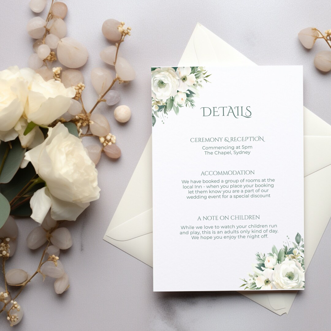 Sage Wedding Details, Sage Green and White Floral Enclosure Card, White ...