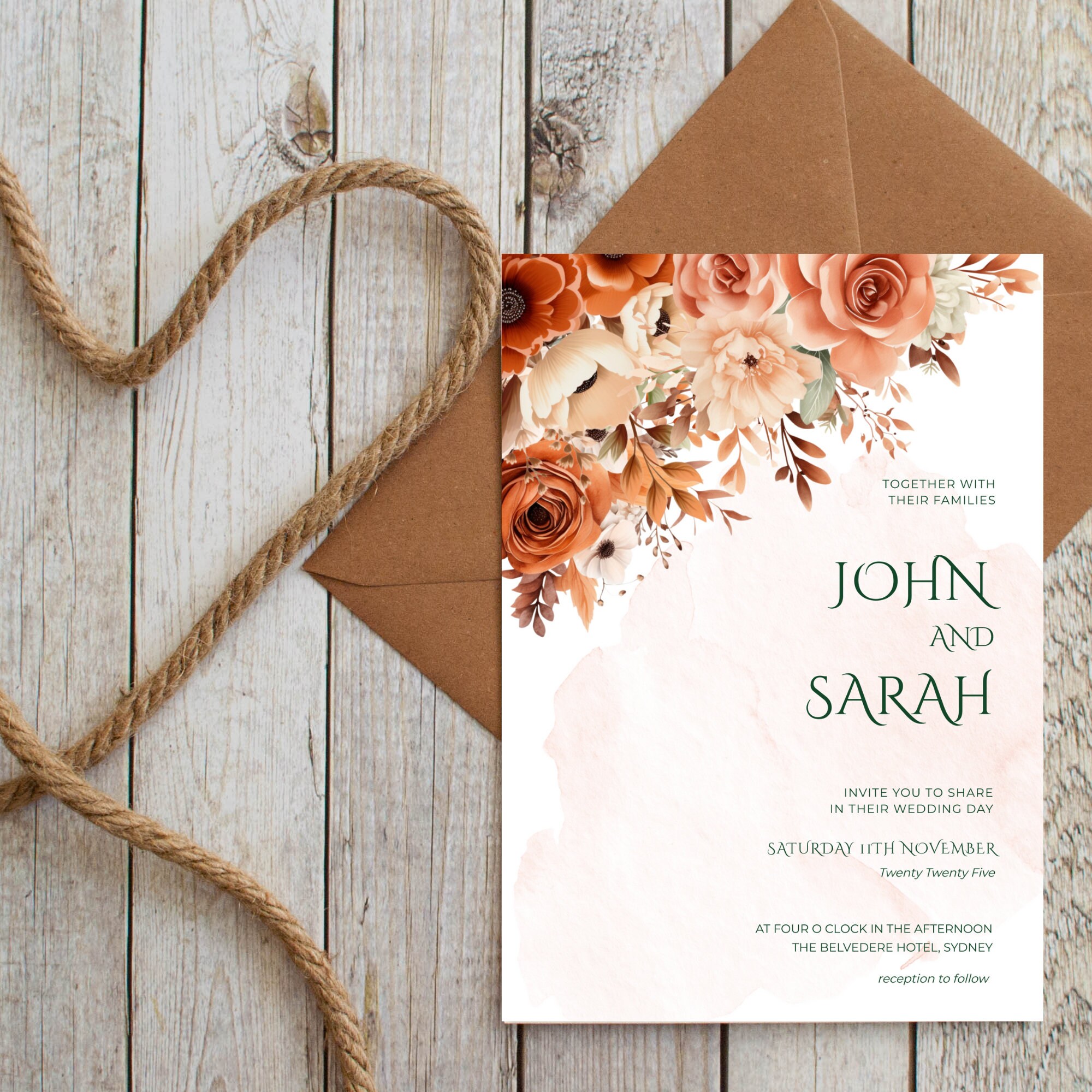 Terracotta and Sage Wedding Invitations, Rust Orange Roses, Apricot ...