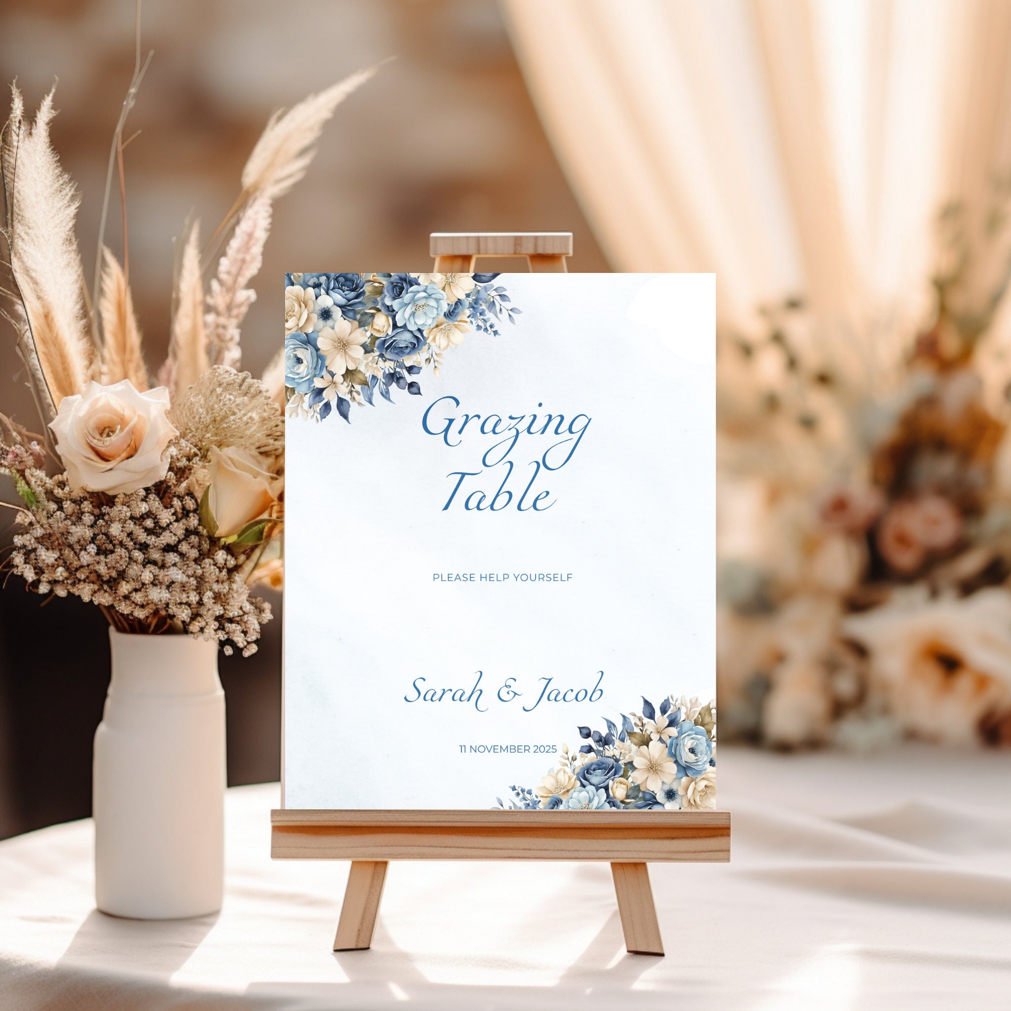 Grazing Table Template, Dusty Blue Food Buffet Sign, Navy Blue Floral ...