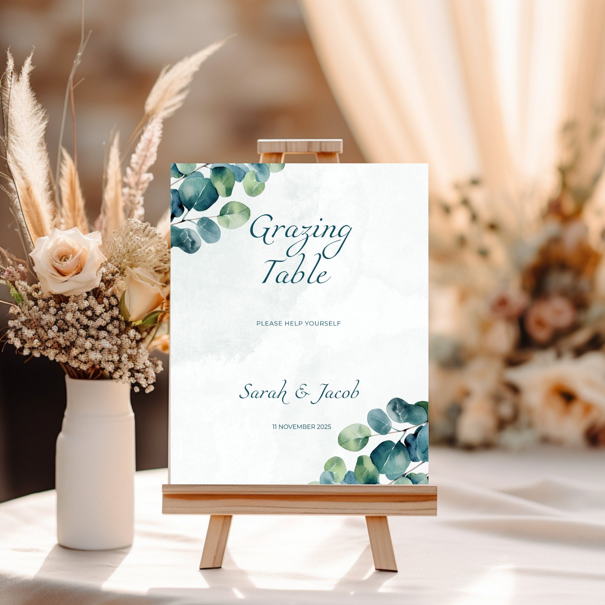 Grazing Table Template, Greenery Food Buffet Sign, Eucalyptus Reception ...