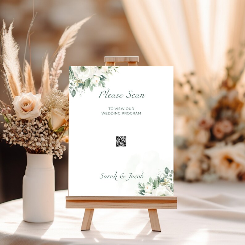 Wedding Program QR Code Sign, Sage Green Wedding Signage, White Roses ...