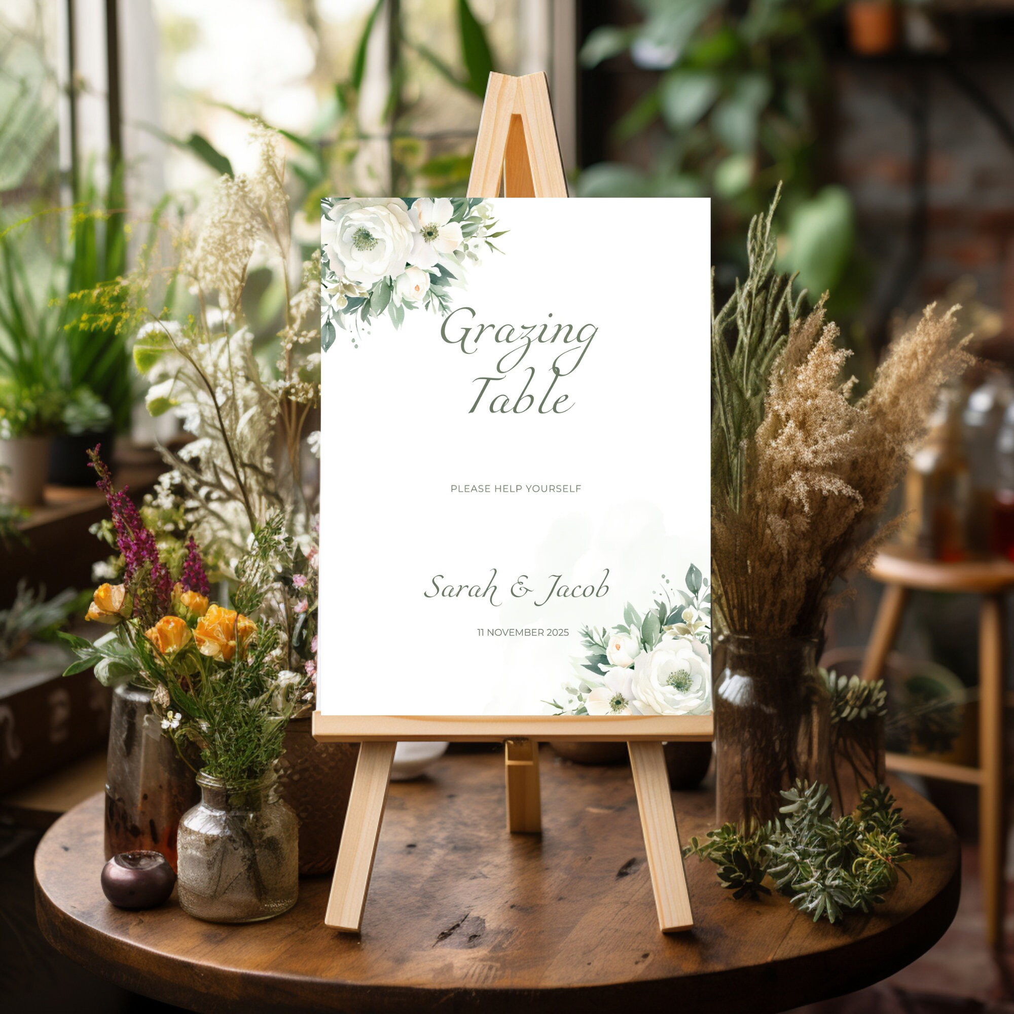 Grazing Table Template, Sage Green Food Buffet Sign, Cream Floral ...