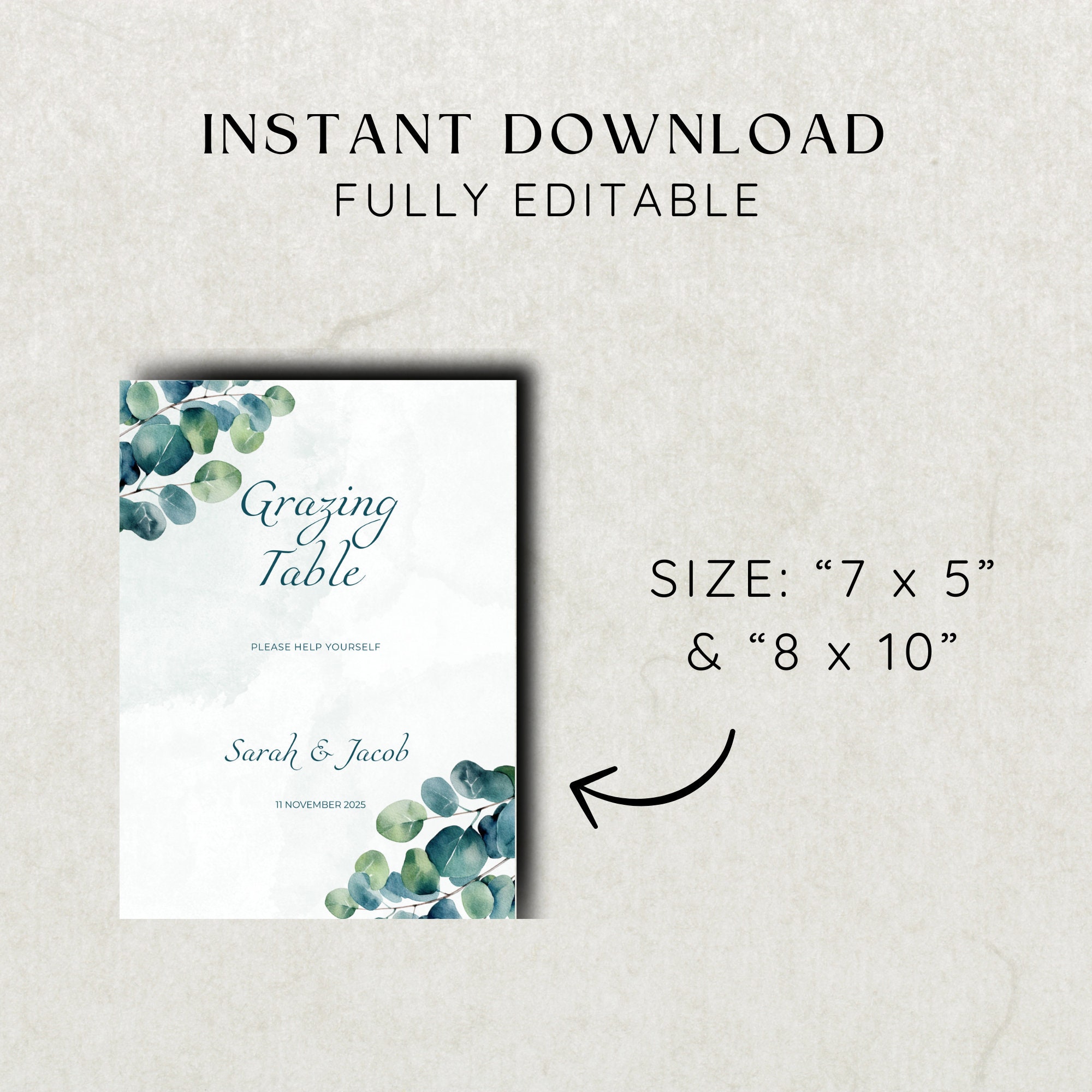 Grazing Table Template, Greenery Food Buffet Sign, Eucalyptus Reception ...