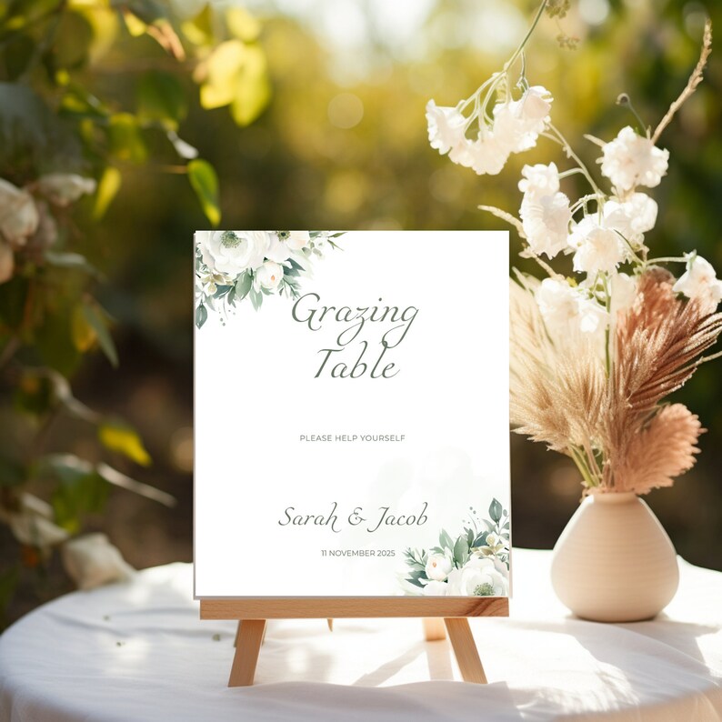 Grazing Table Template, Sage Green Food Buffet Sign, Cream Floral ...