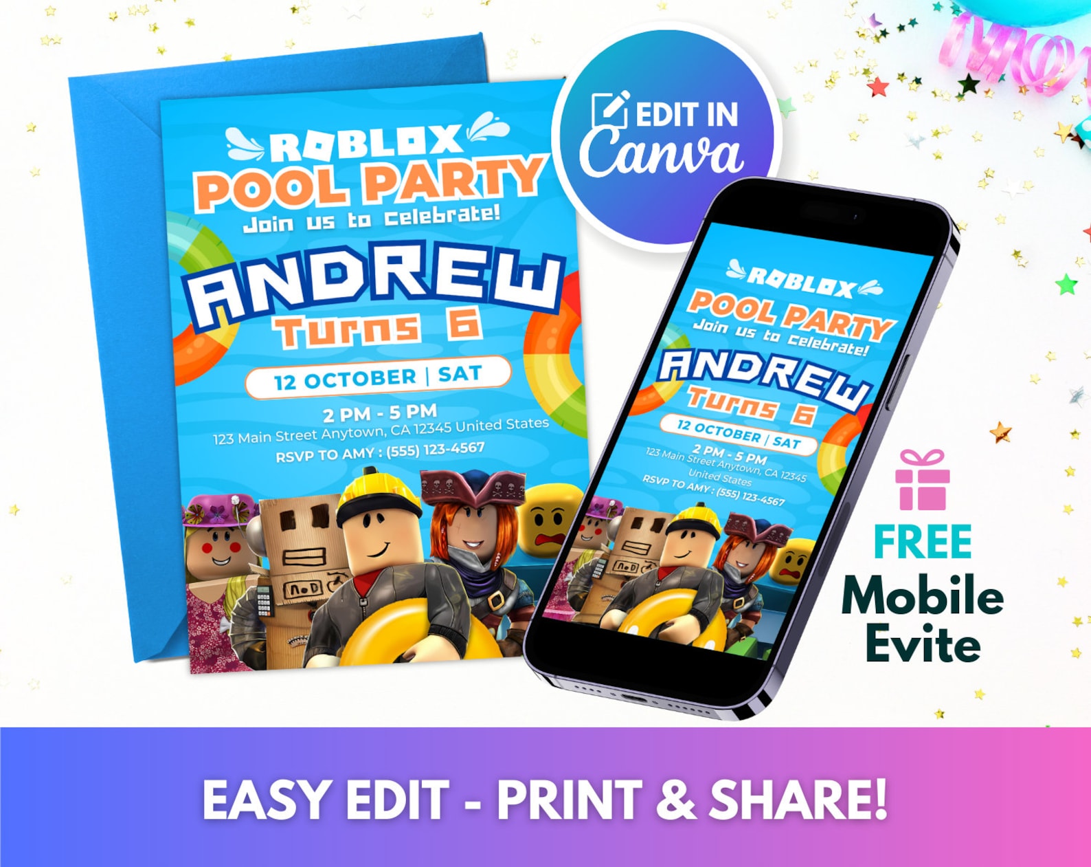 Roblox Pool Party, Roblox Invitation, Editable Printable Roblox ...