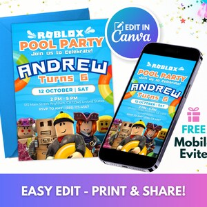 Roblox Pool Party, Roblox Invitation, Editable Printable Roblox ...