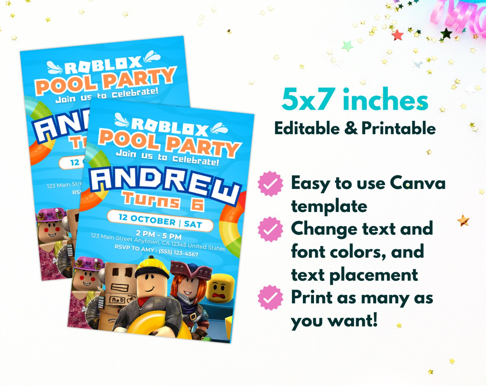 Roblox Pool Party, Roblox Invitation, Editable Printable Roblox ...