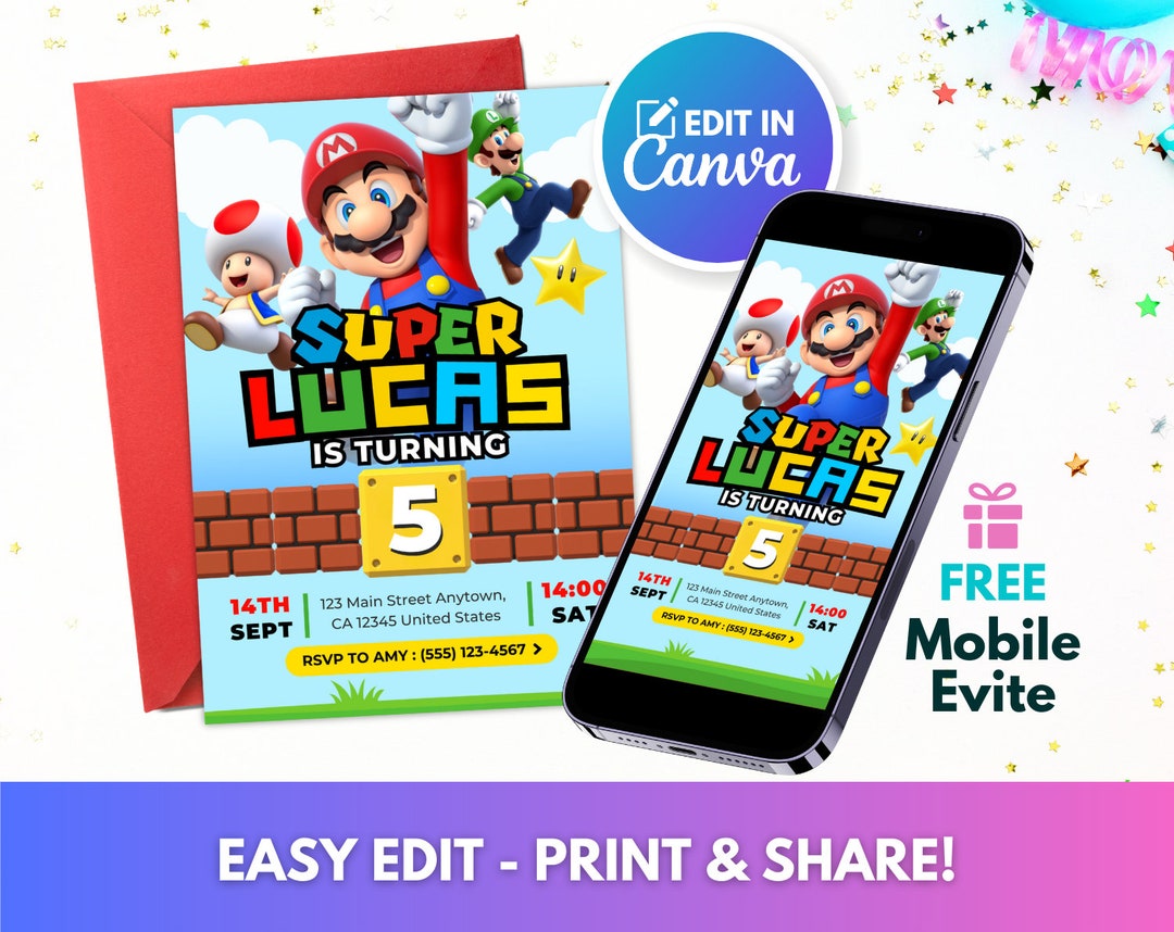 Super Mario Birthday Invitation, Birthday Invitation, Super Mario ...