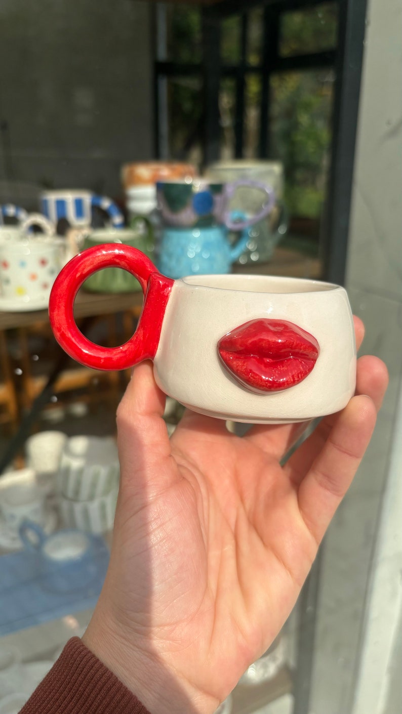 Red Lip Mug, Handmade Ceramic Mug, Coffee Mug, Pottery Mug, Handpainted ...