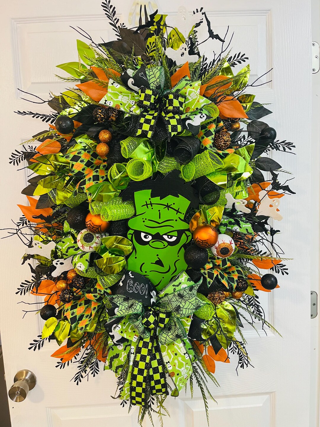 Handmade Frankenstein Halloween Wreath - Spooky Green Monster Door ...