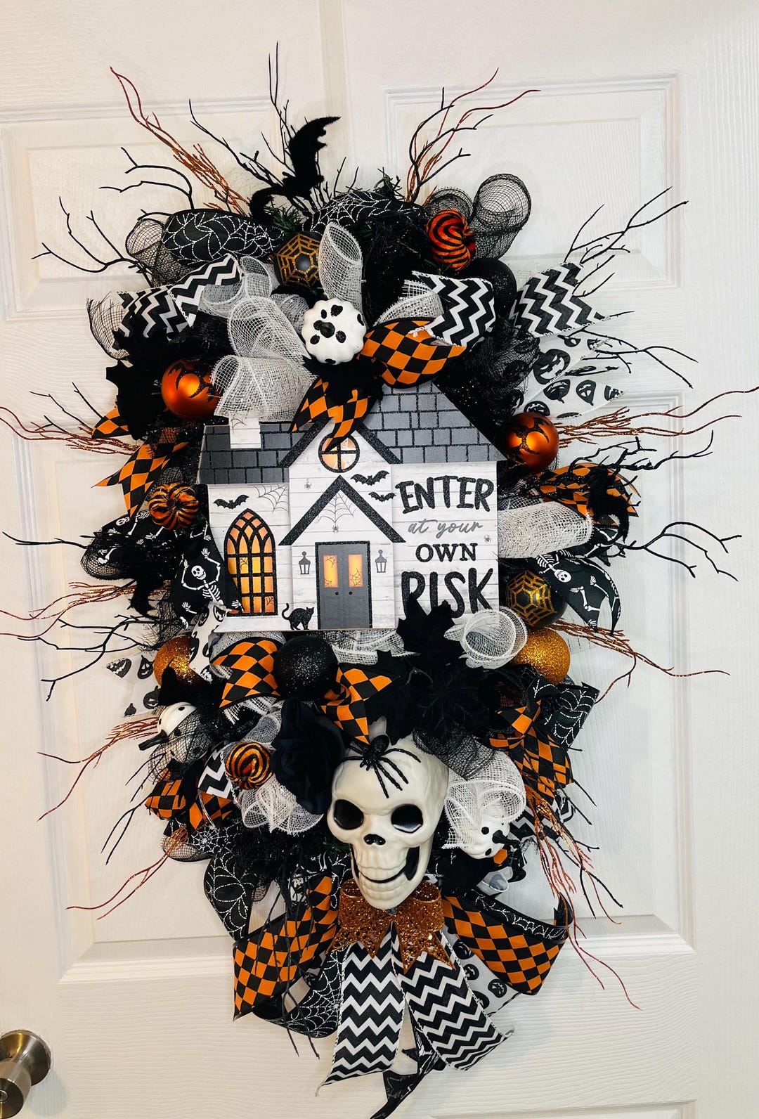 Spooky Halloween Wreath With Skull and Enter at Your Own Risk Sign ...